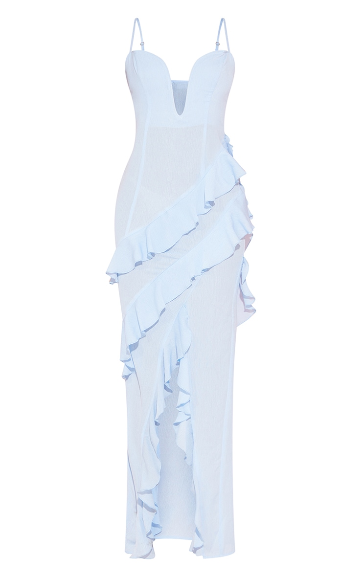 Pale Blue Textured Wire Strappy Ruffle Maxi Dress | Dresses | PLT UAE