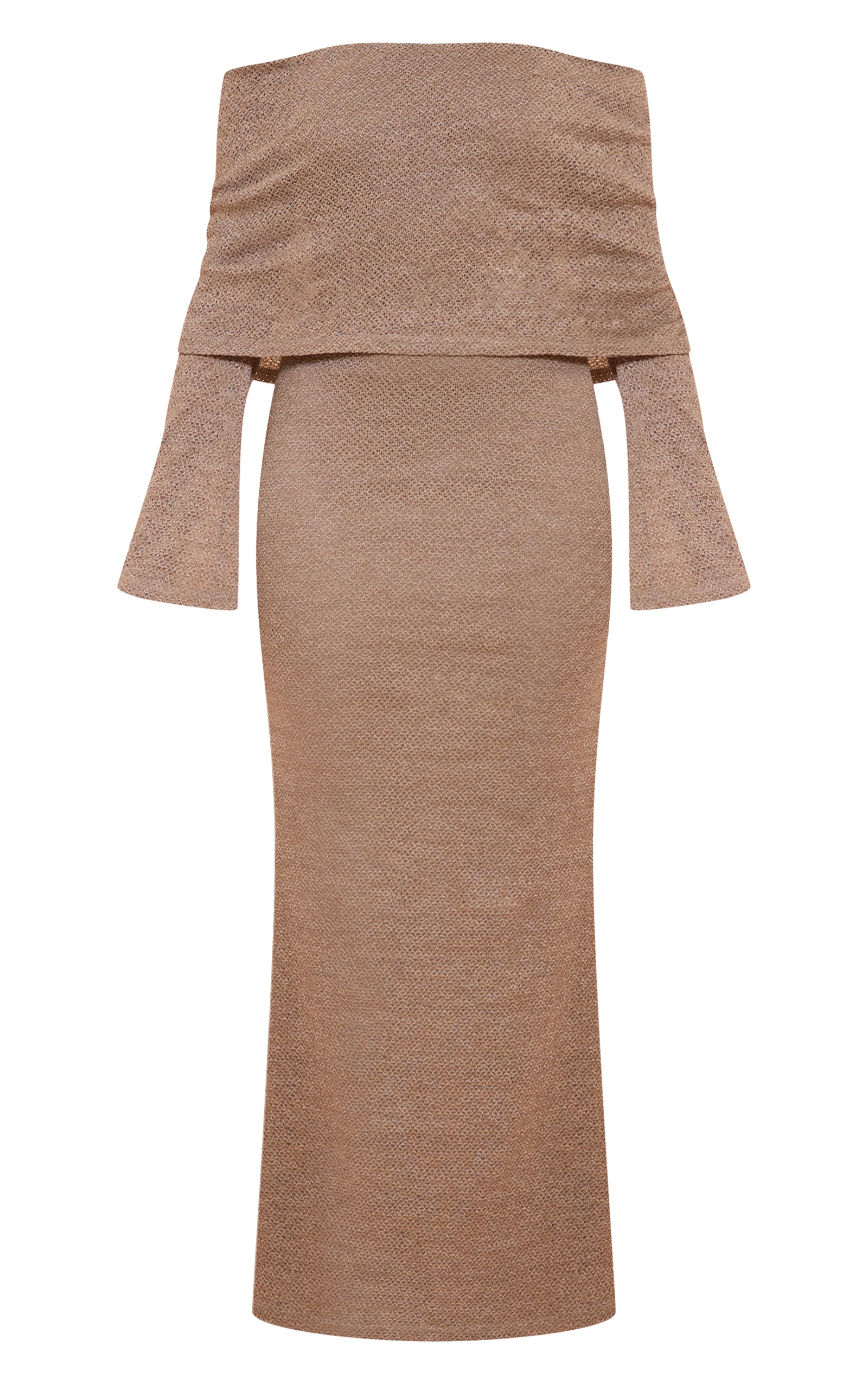 Mocha Textured Bardot Foldover Maxi Dress | Dresses | PLT USA