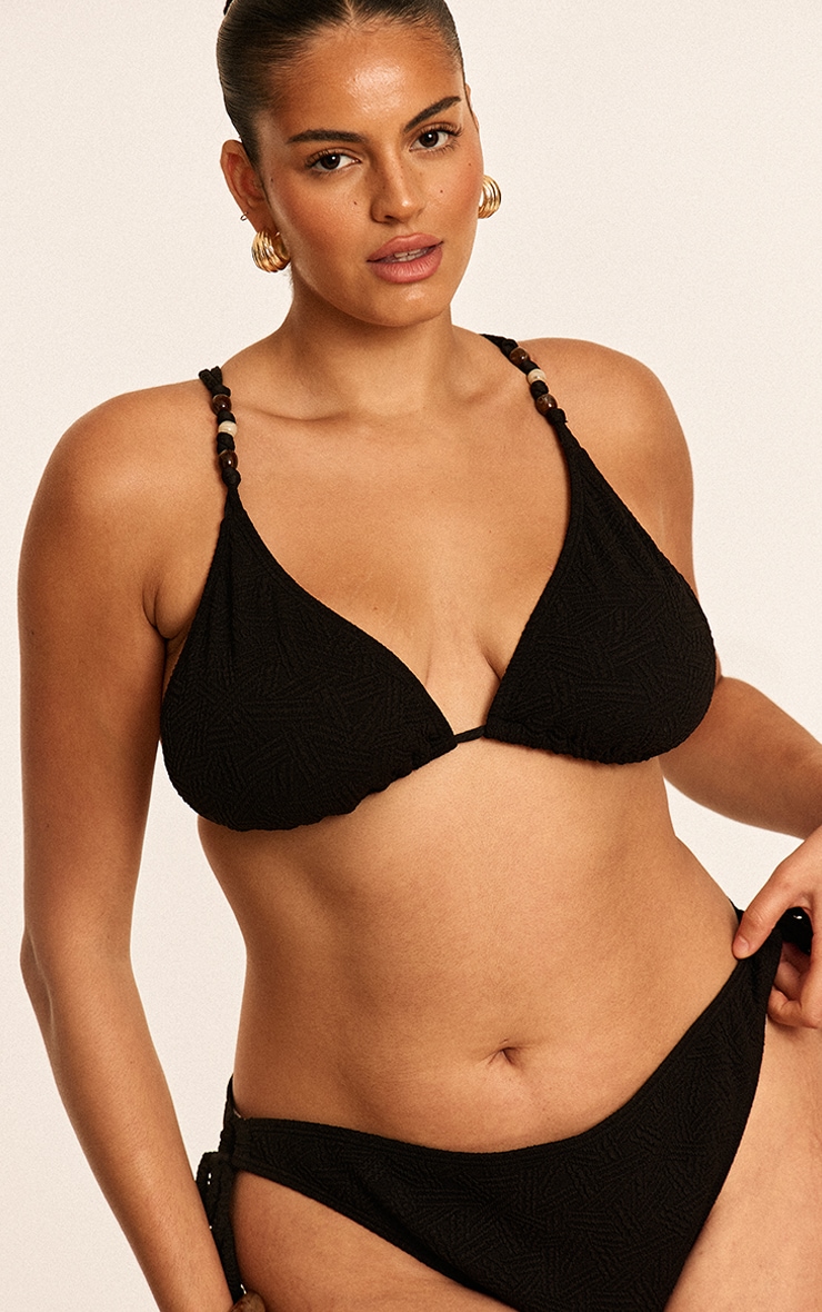 Plus Black Textured Bead Trim Triangle Bikini Top | Plus Size | PrettyLittleThing USA