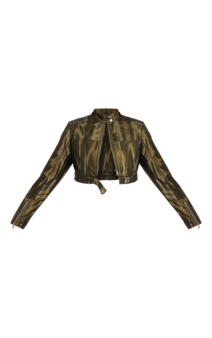 Khaki Faux Leather Shoulder Cropped Biker Jacket | Outerwear | PLT