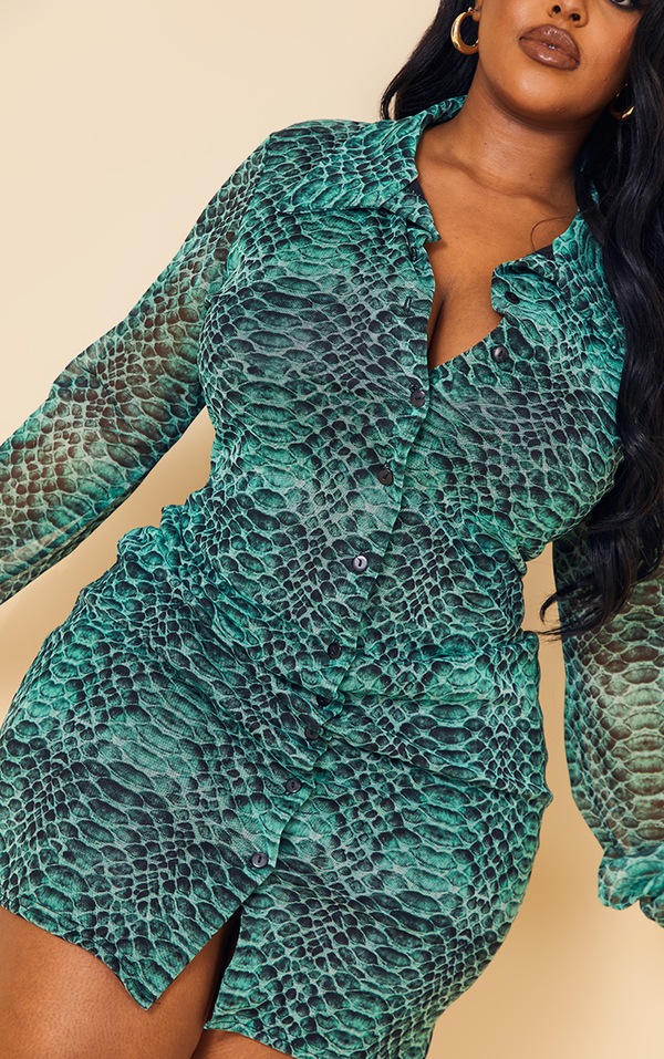 Plus Teal Snake Mesh Button Down Shirt Dress | PrettyLittleThing USA
