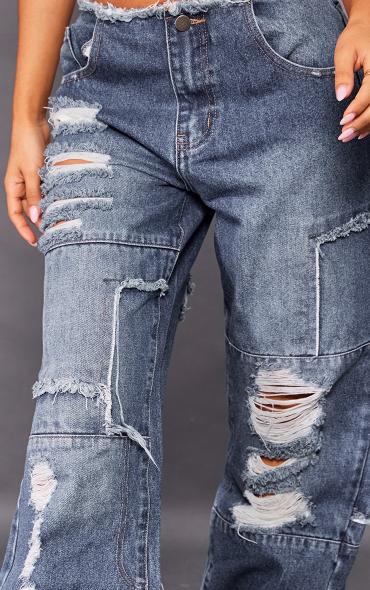Petite Dark Blue Wash Distressed Patchwork Jeans | Petite | PLT