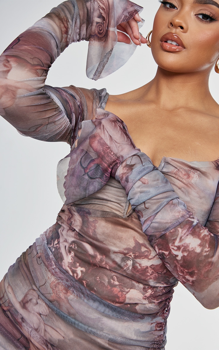 Multi Renaissance Mesh V Bar Ruched Bodycon Dress | PrettyLittleThing AUS