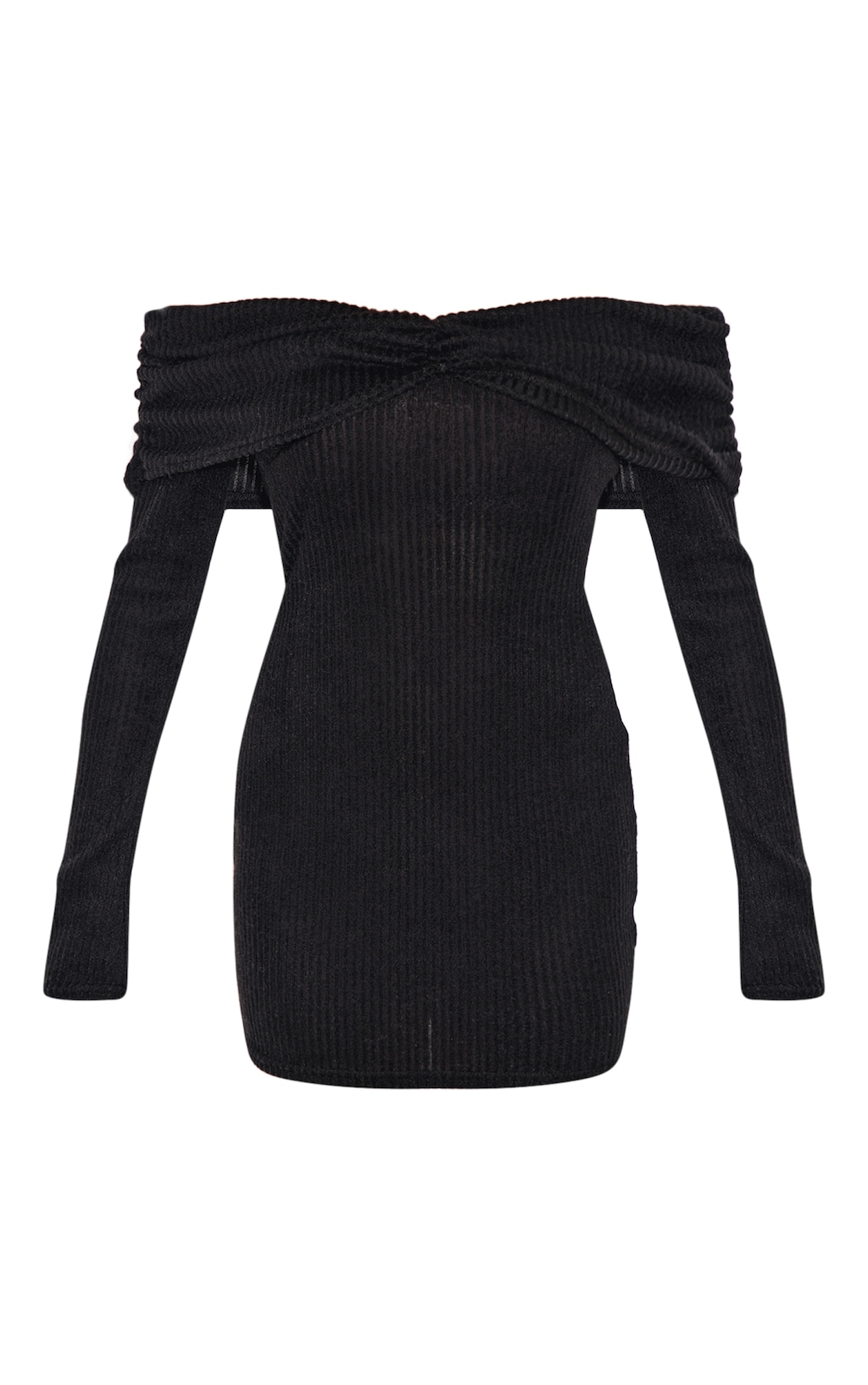 Black Brushed Rib Bardot Long Sleeve Bodycon Dress | Dresses | PLT