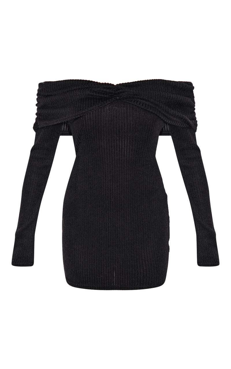 Black Brushed Rib Bardot Long Sleeve Bodycon Dress | Dresses | PLT USA