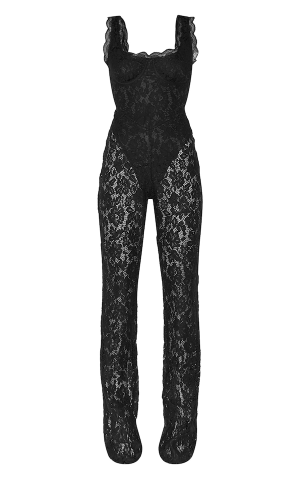 Black Lace Boning Detail Strappy Flared Jumpsuit Jumpsuits And Playsuits Prettylittlething