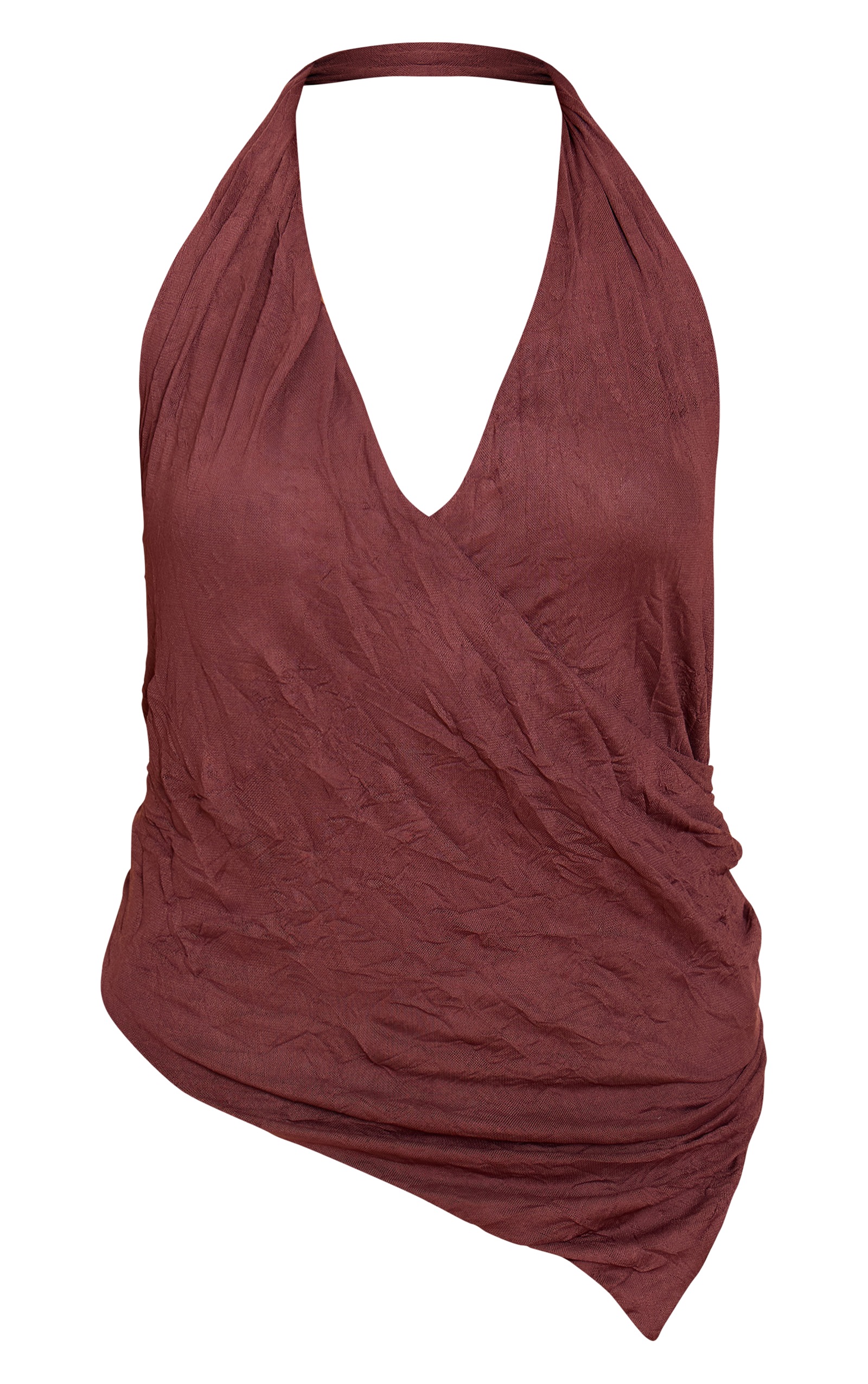Chocolate Double Layer Crinkle Halter Neck Drapey Long Top | Tops | PLT