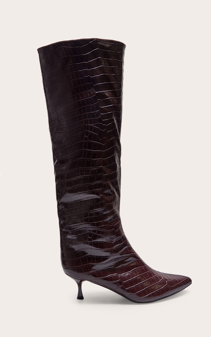 Burgundy Croc Point Toe Low Heel Knee High Boots | Footwear | PLT