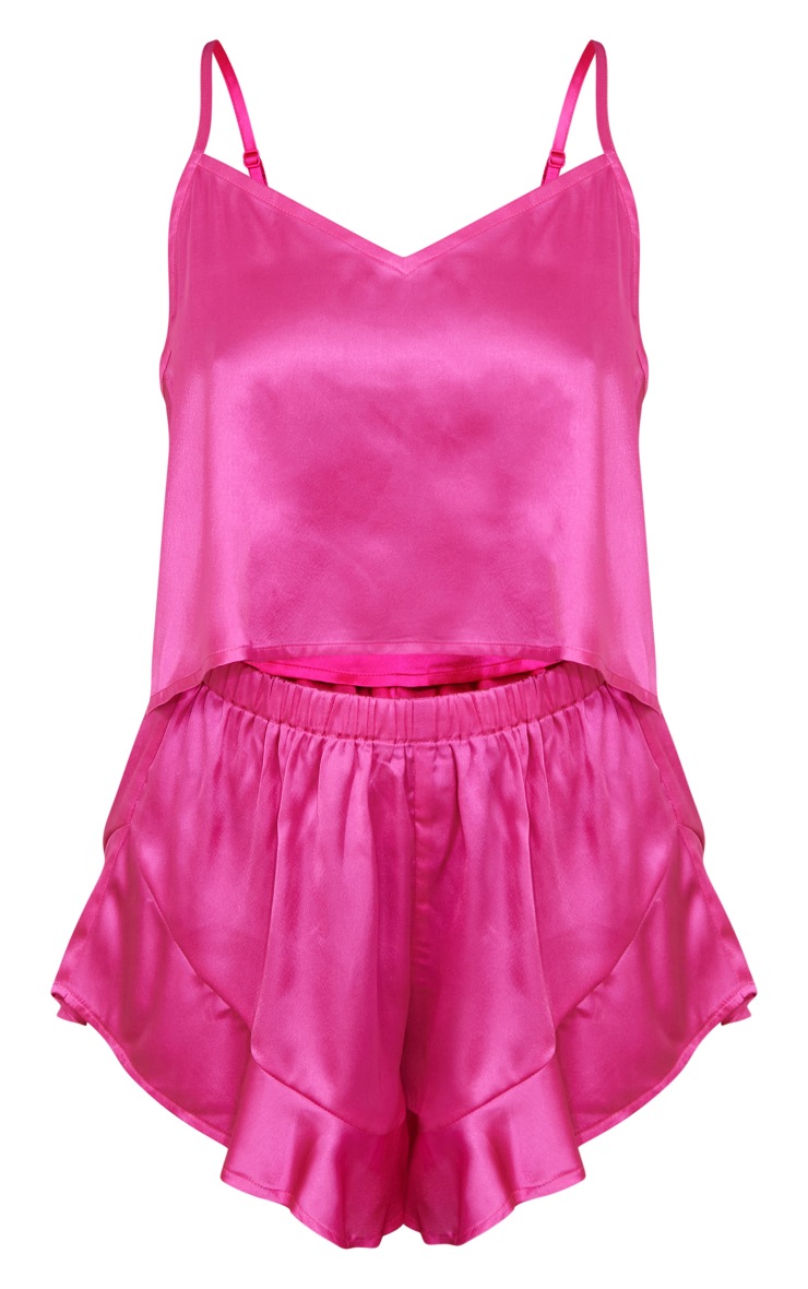 Petite Hot Pink Satin Frill Cami Short Pj Set | Petite | PLT