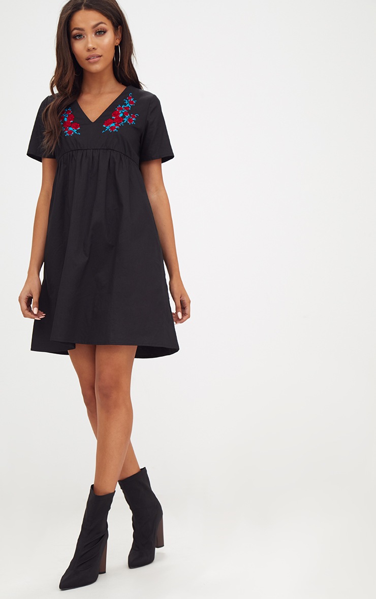 Black Poplin Embroidered Smock Dress | PrettyLittleThing USA