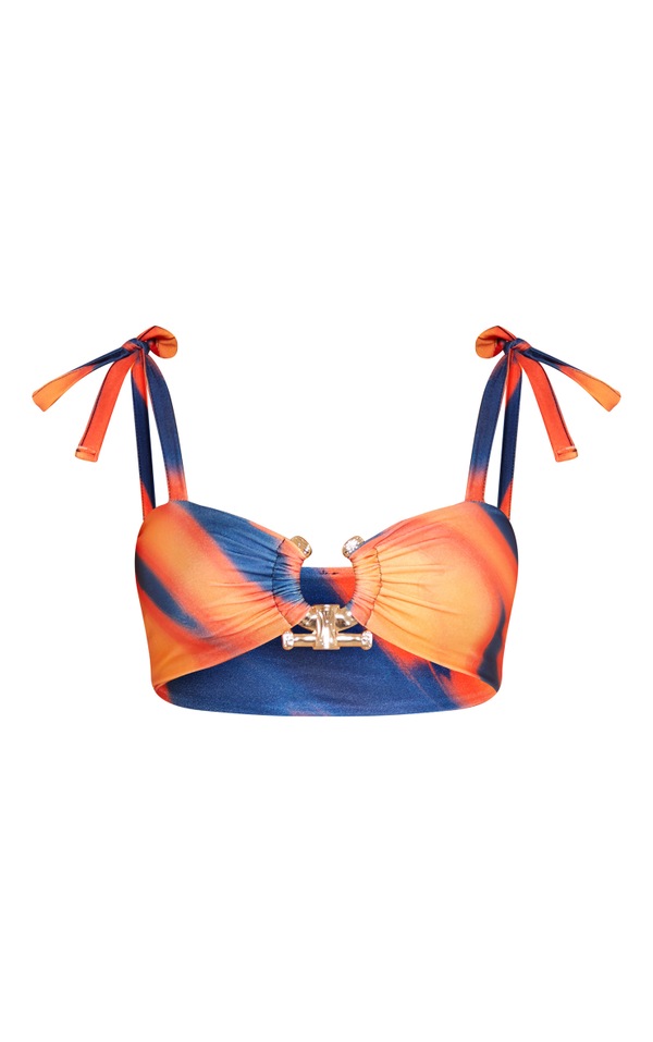 Orange Swirl Print Hammered Trim Tie Bikini Top | Swimwear | PLT