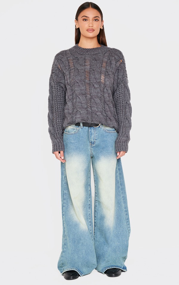 Dark Grey Marl Knit Distressed Chunky Cable Jumper | Knitwear | PLT