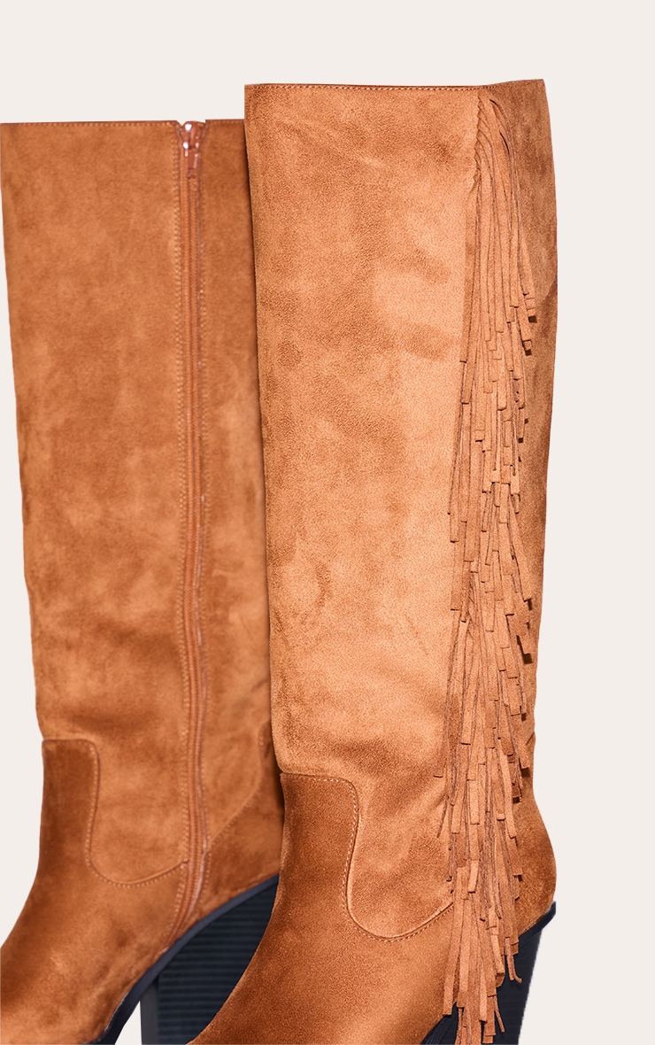 Tan Point Toe Fringed High Block Heel Knee Boots | Footwear | PLT