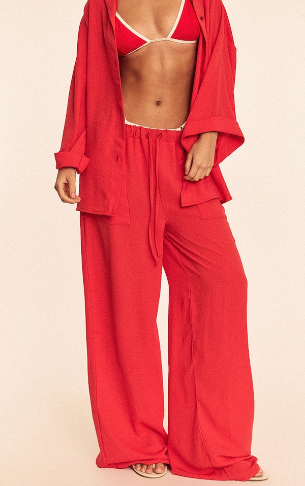 Red Floaty Drawstring Beach Pants | Swimwear | PrettyLittleThing USA