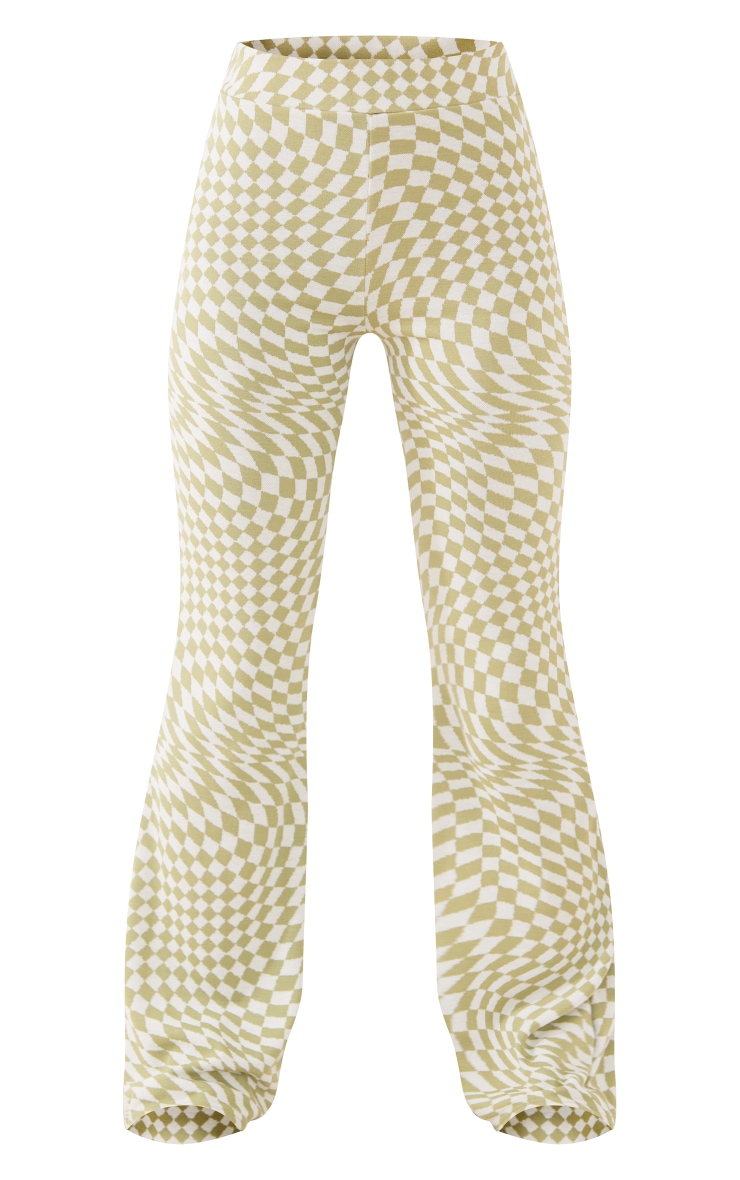 Sage Green Green Jacquard Checkerboard Flares | PrettyLittleThing