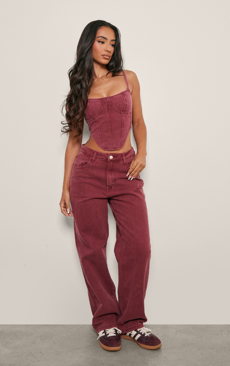 Petite Burgundy Dipped Hem Denim Corset Top | Petite | PLT