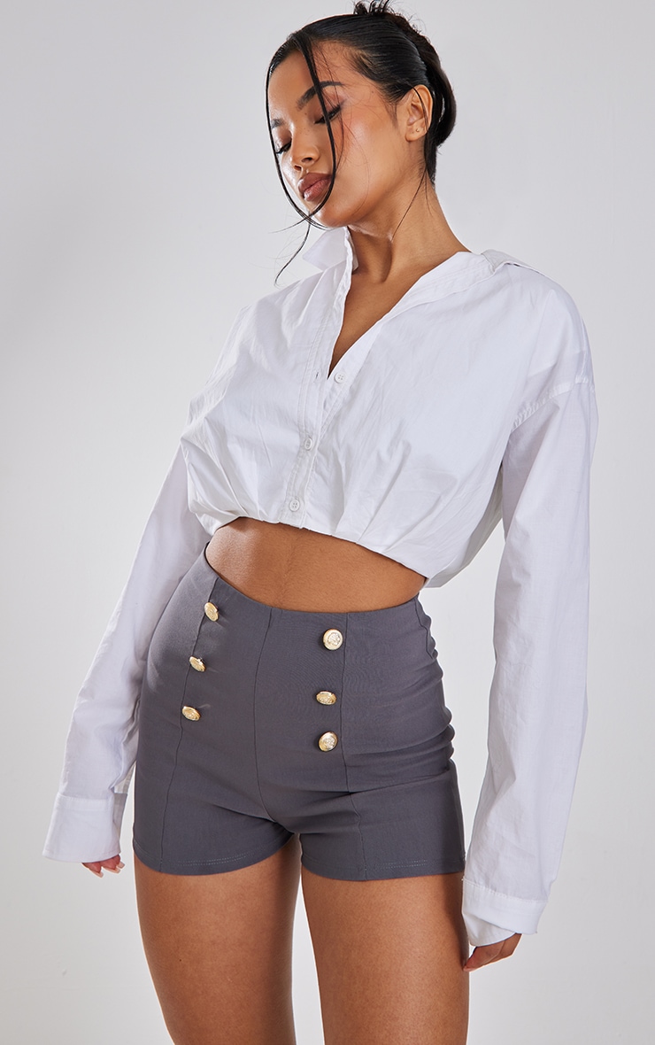 Mini short gris anthracite en maille tissée stretch à boutons ...