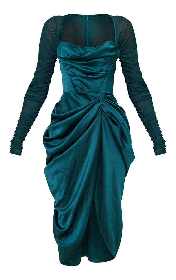 Emerald Green Square Neck Ruched Draped Midi Dress | PrettyLittleThing UAE