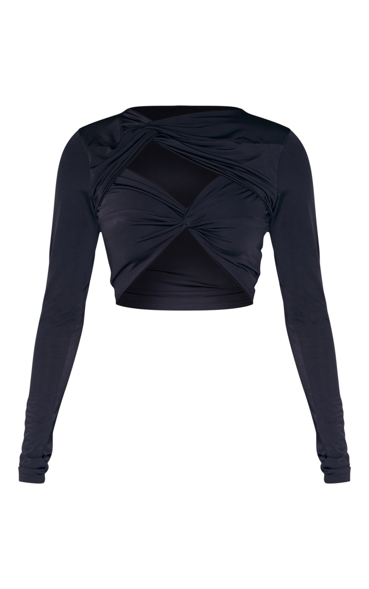 Black Slinky Long Sleeve Cut Out Front Crop Top | PrettyLittleThing AUS