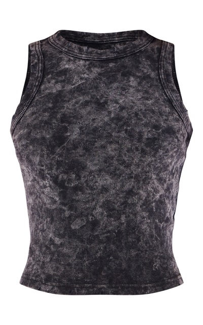 Black Acid Wash Rib Longline Racer Top | Tops | PrettyLittleThing USA