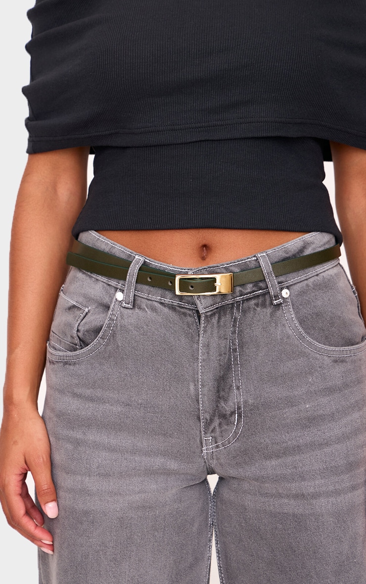 Olive Pu Square Buckle Skinny Belt | Accessories | PrettyLittleThing USA