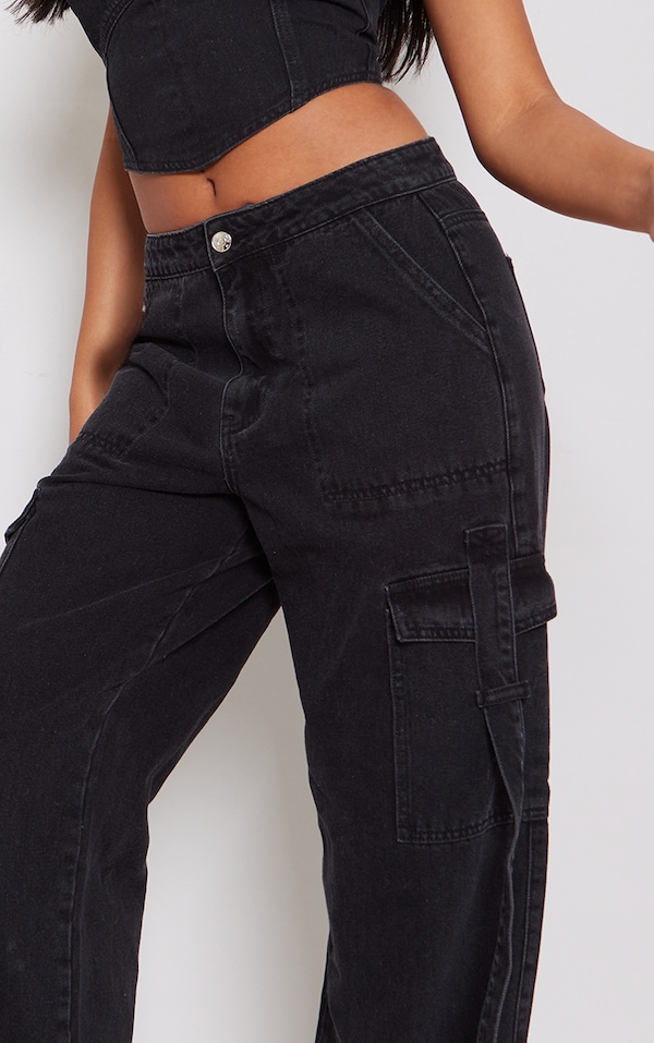 Tall Black Mid Rise Denim Wide Leg Cargo Jeans | Tall | PLT
