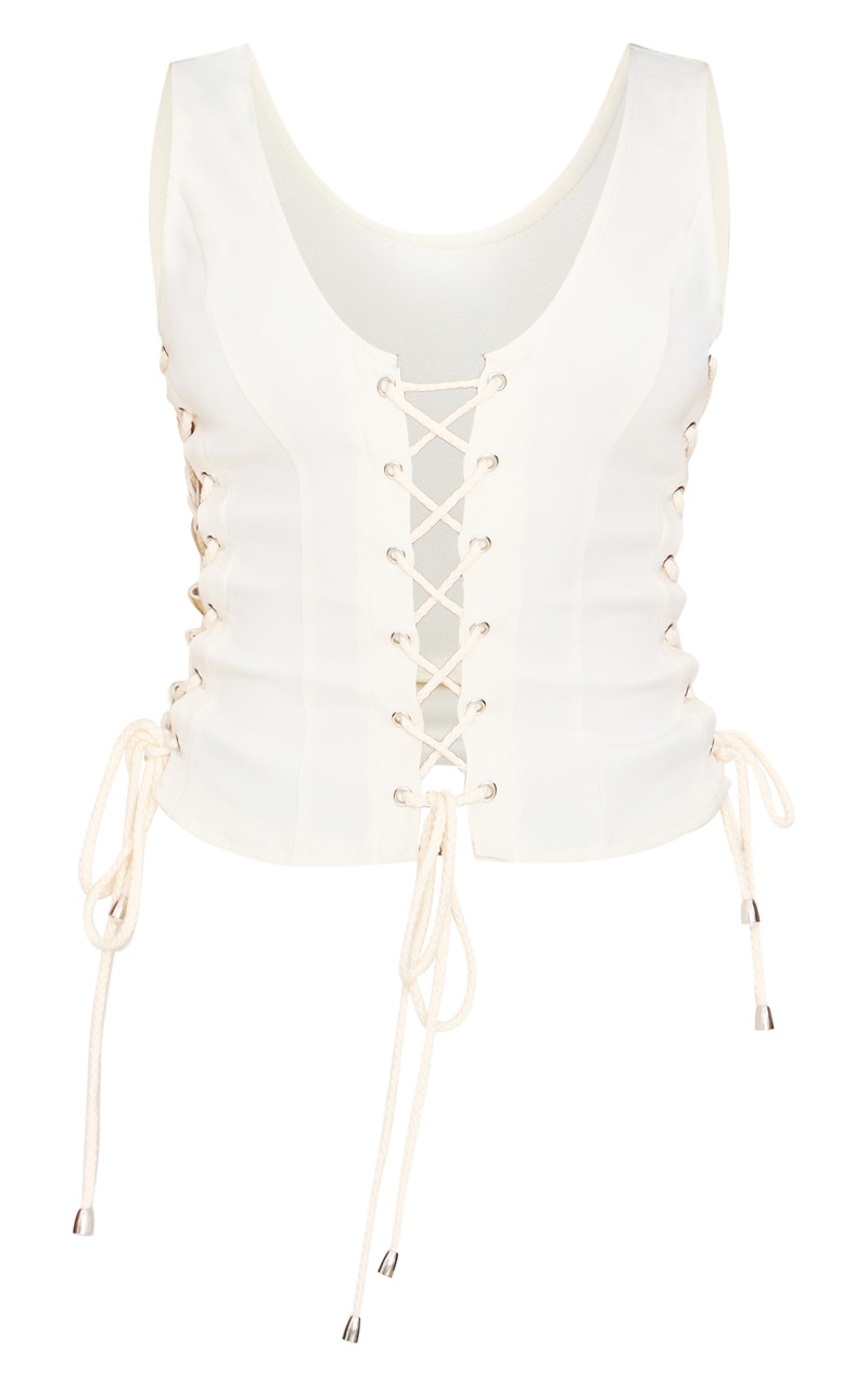 Cream Woven Lace Up Detail Plunge Sleeveless Top | Tops ...