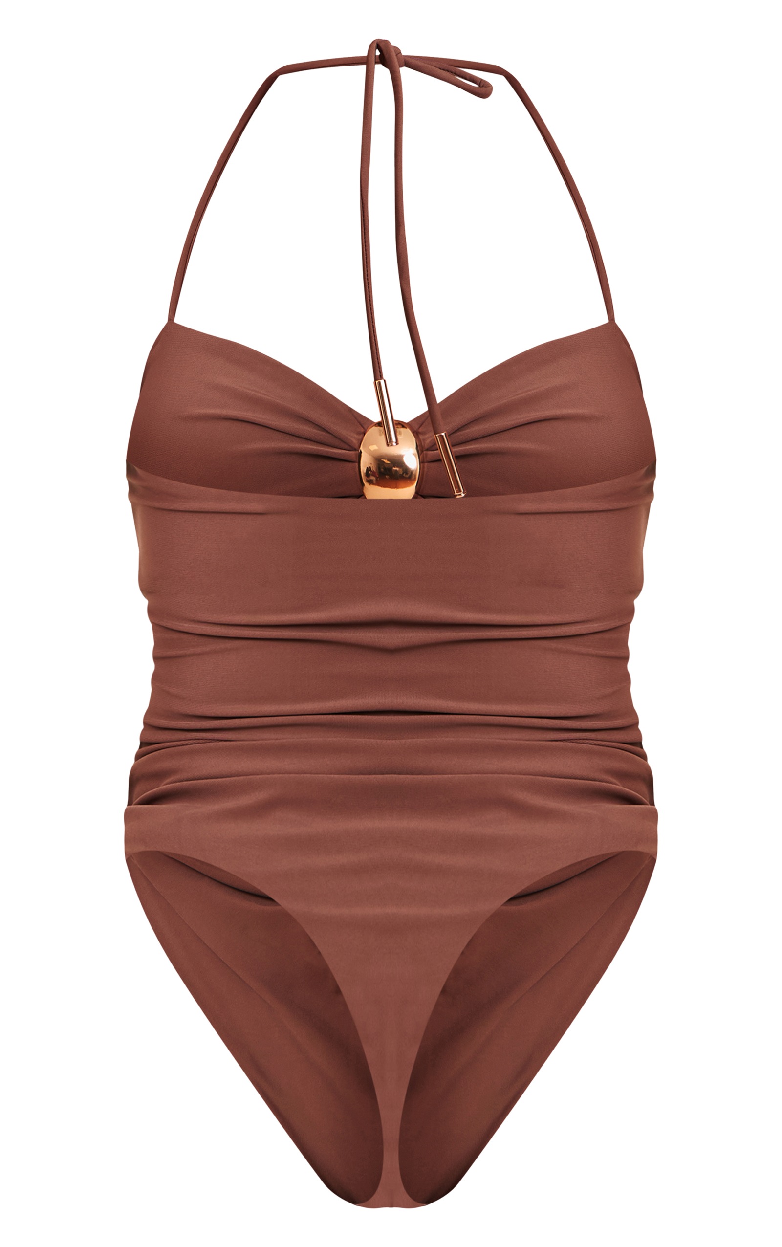 Shape Chocolate Strappy Gold Trim Twist Swimsuit | Shape | PLT USA