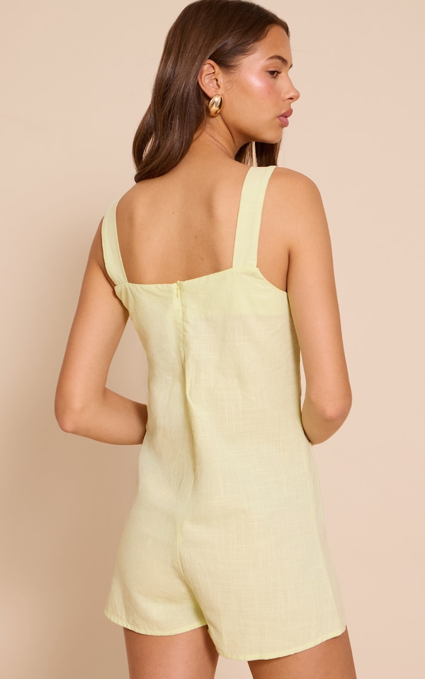 Lemon Linen Look Tie Shoulder Pocket Detail Romper | Dresses | PLT USA