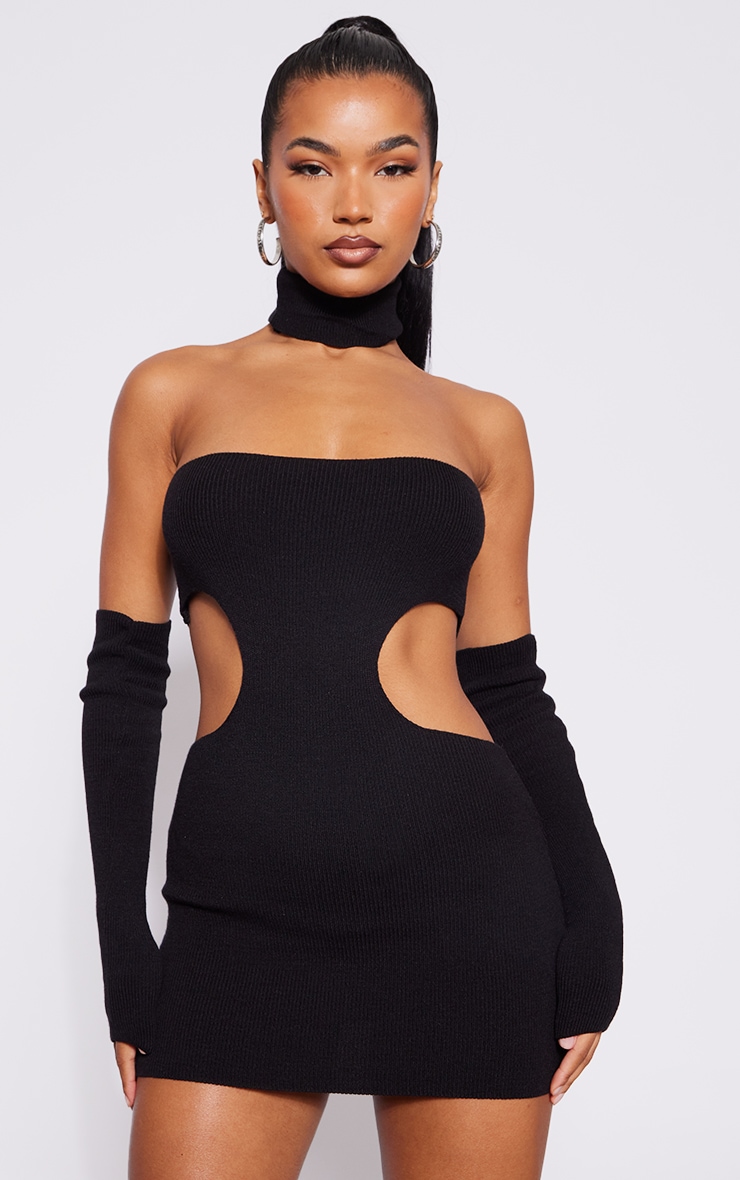 Black Bandeau Cut Out Knit Dress Sleeves Collar | PrettyLittleThing CA