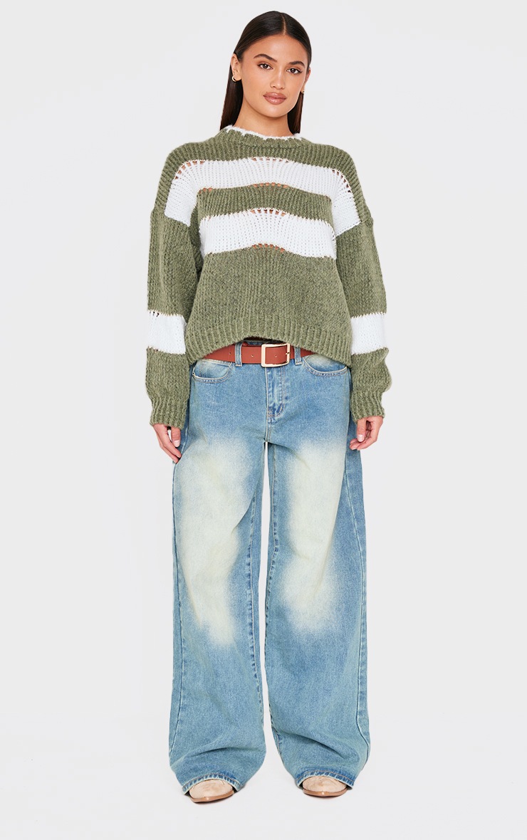 Khaki Stripe Distressed Detail Chunky Knit Jumper | Knitwear | PLT