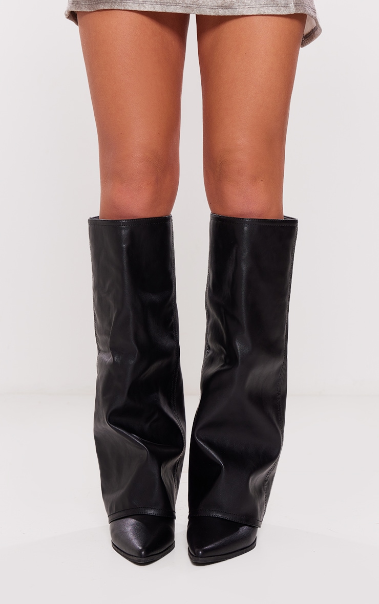 Black Wide Fit Fold Over Knee High Block Heel Western Boots | Footwear ...