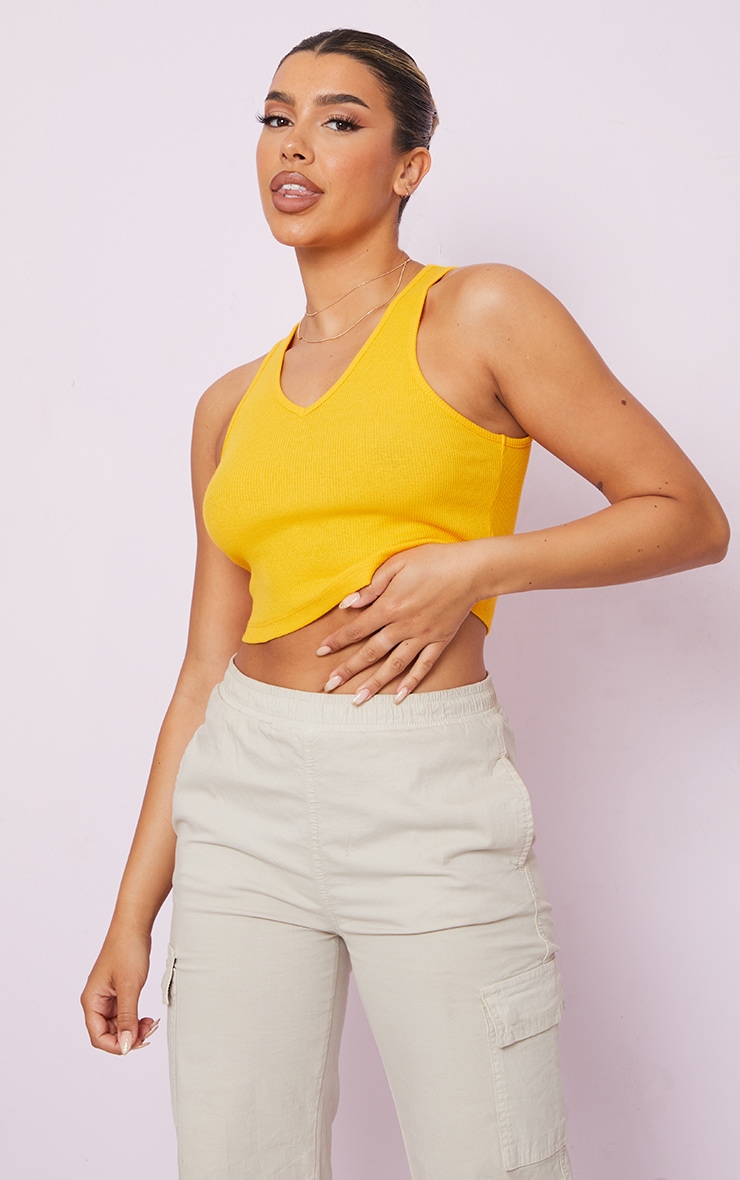 Basic Tangerine Rib V Neck Racer Top | Tops | PrettyLittleThing CA