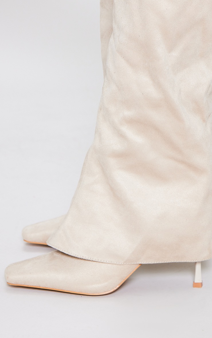 Cream Fold Over Low Heeled Knee High Boots | Footwear | PLT