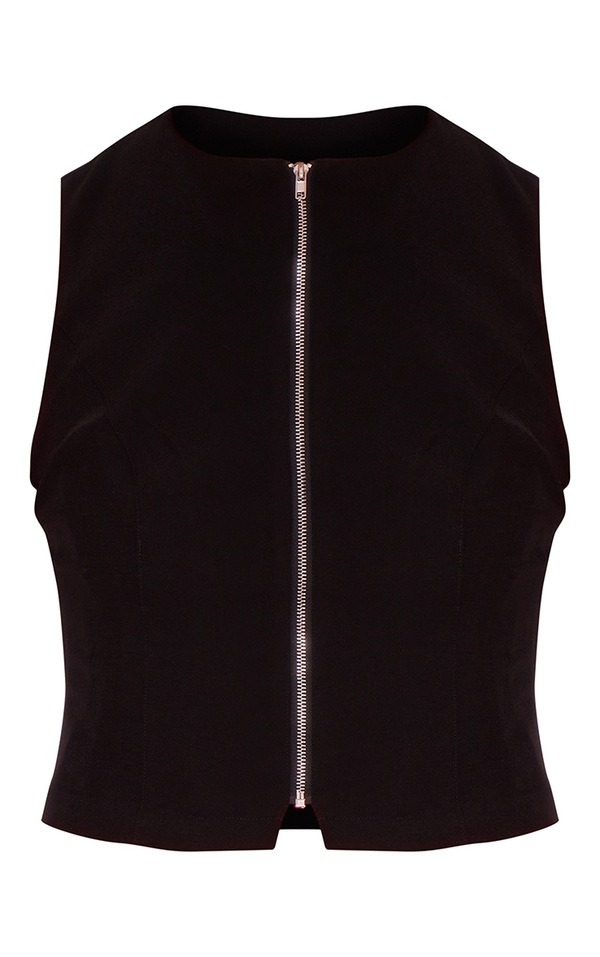 Black Premium Woven Zip Up Detail Sleeveless Top | PrettyLittleThing