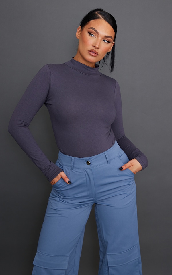 Steel Blue Cotton High Neck Long Sleeve Bodysuit | Tops | PLT
