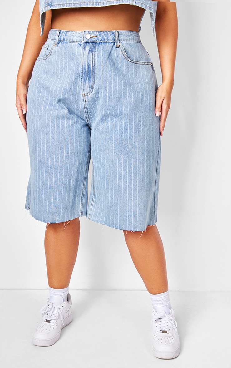 Plus Light Blue Pinstripe Long Line Denim Shorts | Plus Size | PLT USA