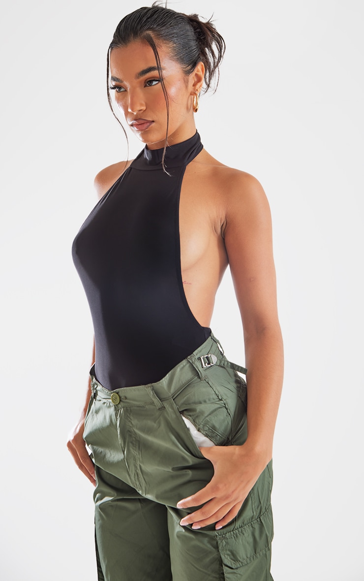 Black Slinky High Neck Open Back Bodysuit | PrettyLittleThing USA