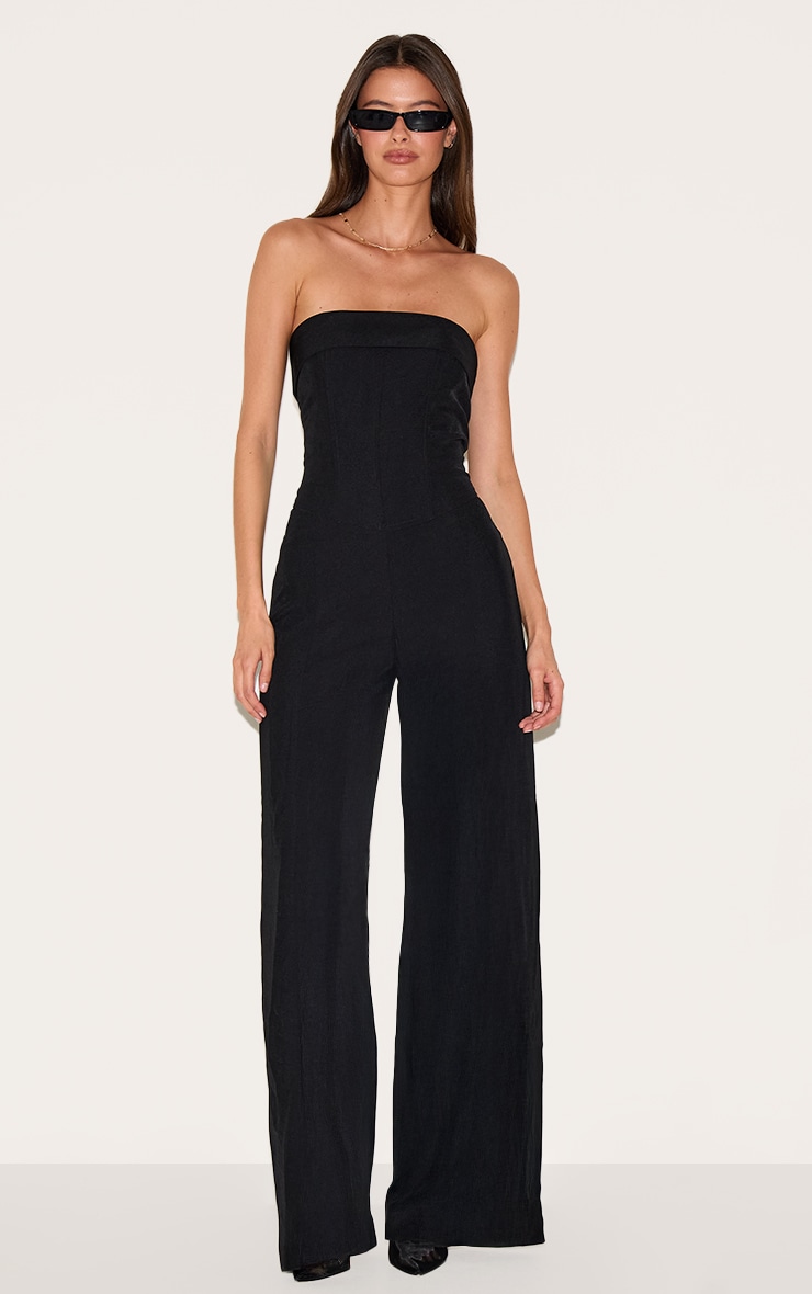 Black Woven Bandeau Corset Straight Leg Jumpsuit | Jumpsuits & Playsuits | PrettyLittleThing
