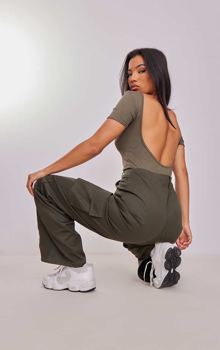 Khaki Jersey Short Sleeve Backless Bodysuit | Tops | PLT IRE