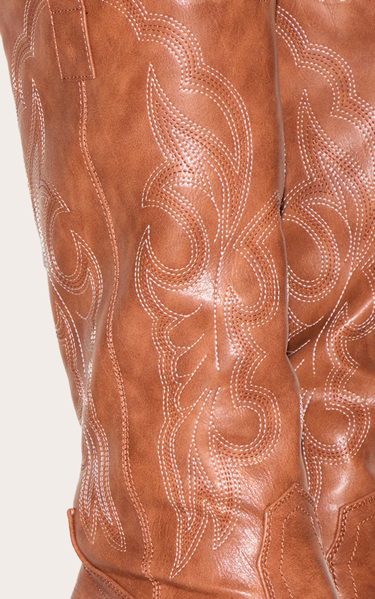 Tan PU Point Toe Calf High Western Boots | Footwear | PrettyLittleThing AUS
