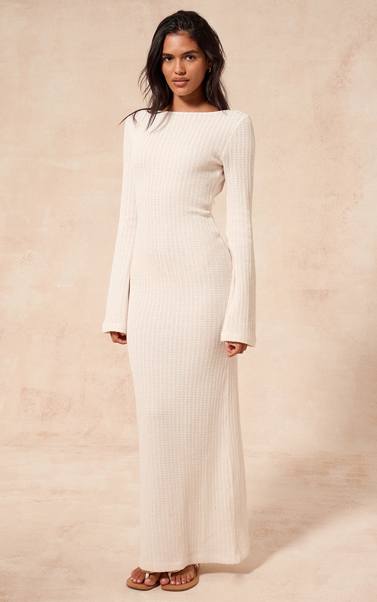 Cream Textured Boat Neck Backless Maxi Dress | Dresses | PLT USA