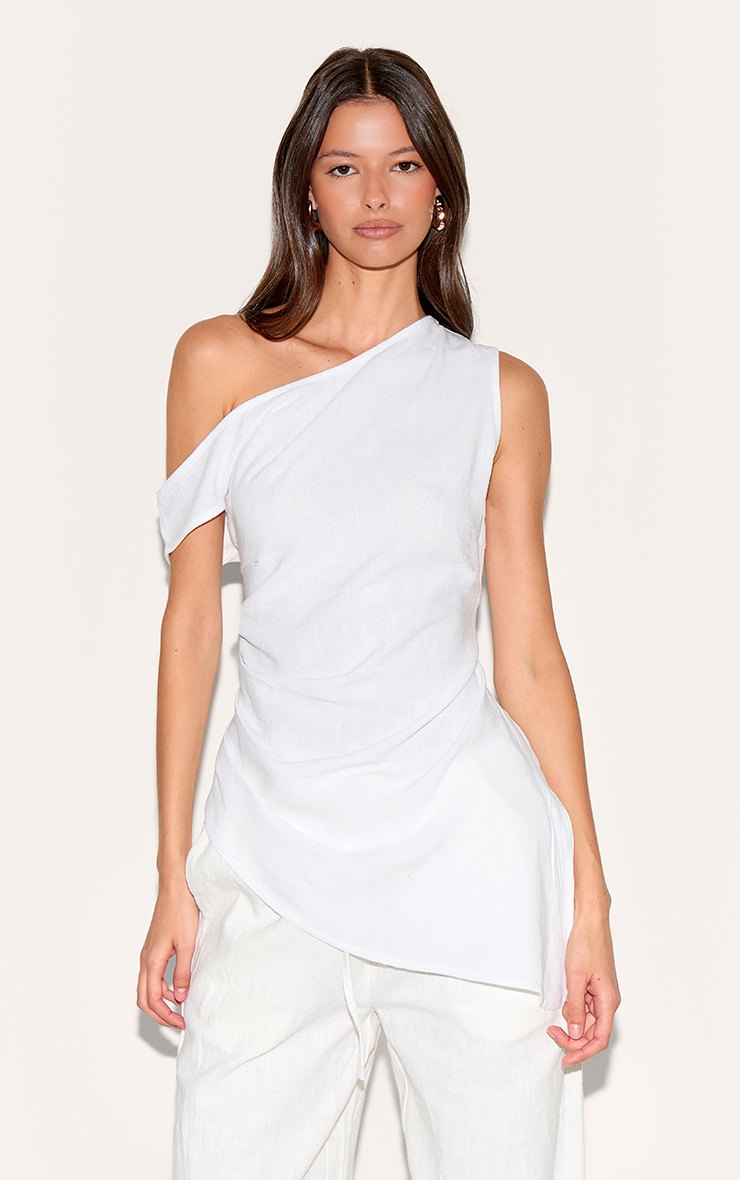 White Linen Look One Shoulder Asymmetric Top | Tops | PLT