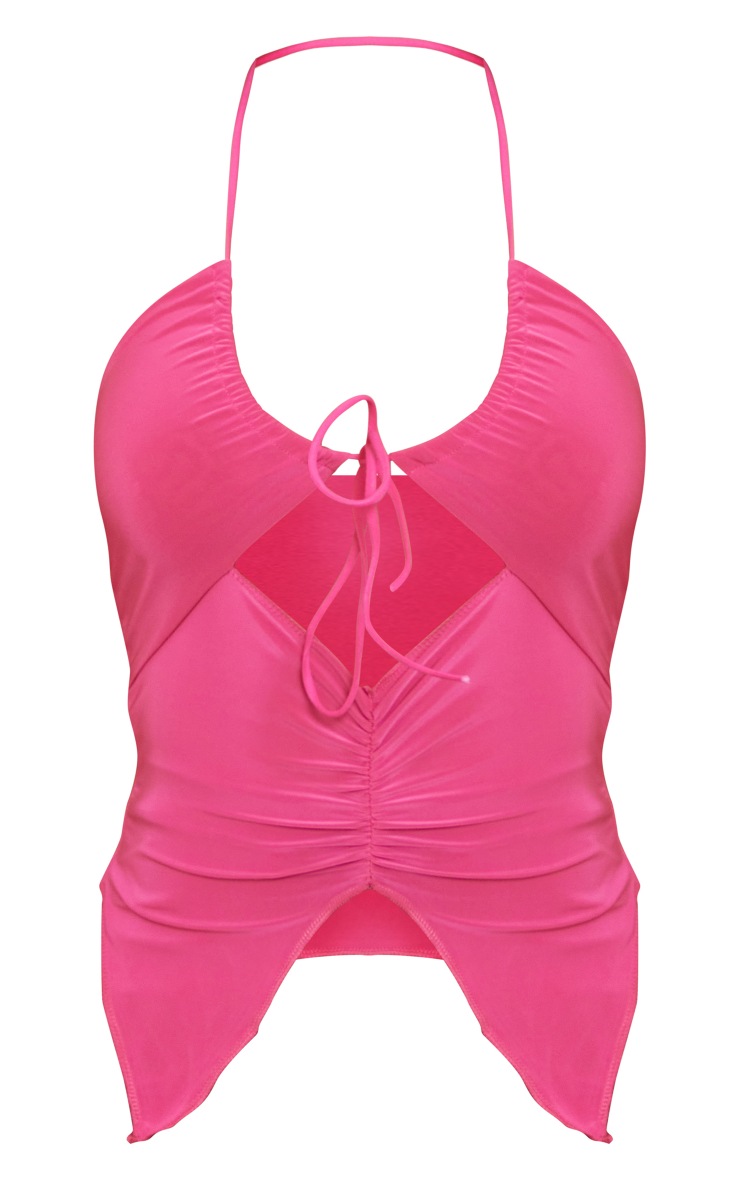 Hot Pink Split Hem Detail Slinky Halterneck Top | Tops | PLT