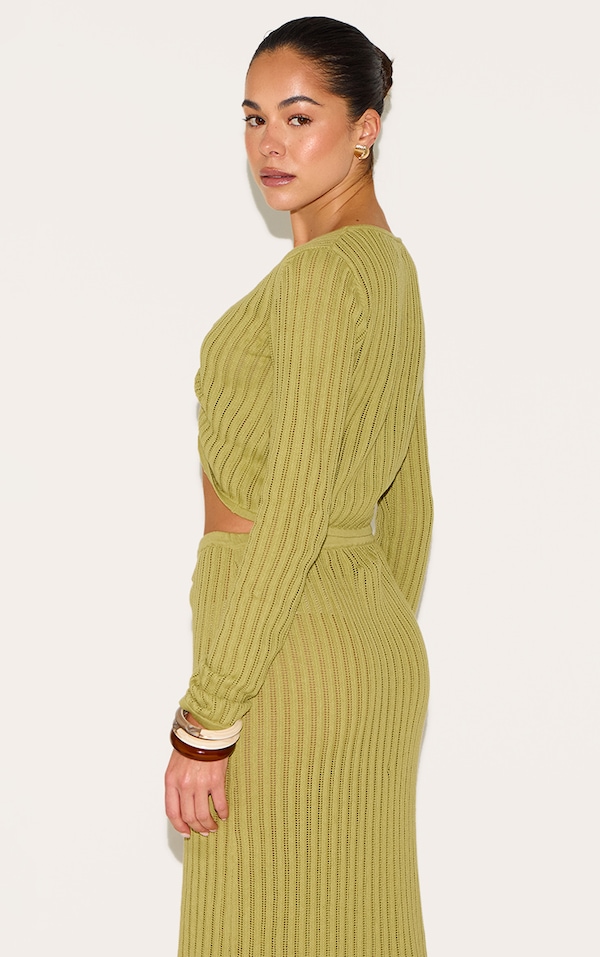 Olive Pointelle Knit Trim Detail Long Sleeve Top | Knitwear | PLT USA
