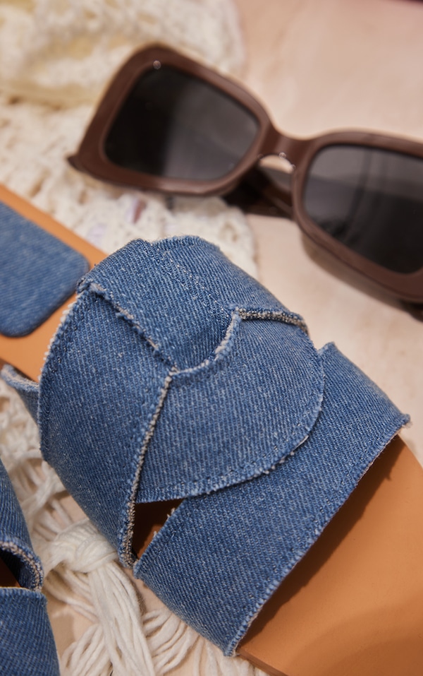 Mid Blue Wash Denim Strap Mule Flat Sandals | Footwear | PLT