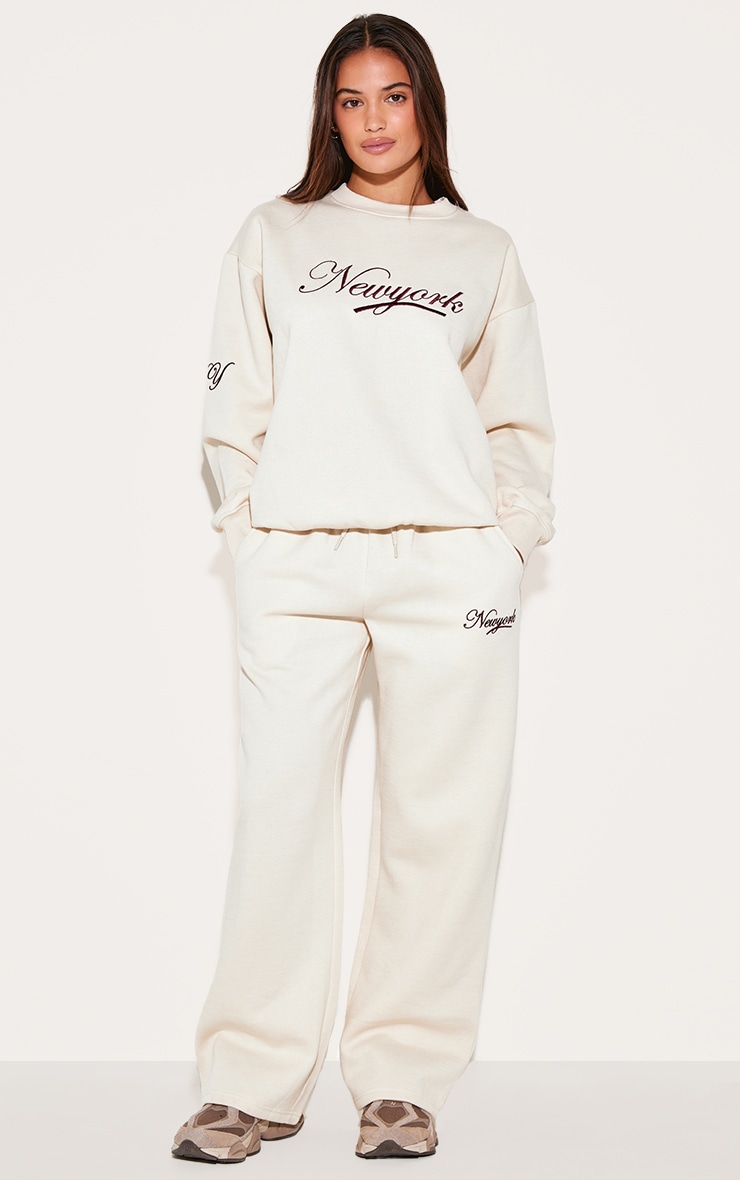 Cream New York Embroidered Wide Leg Joggers | Athleisure | PLT