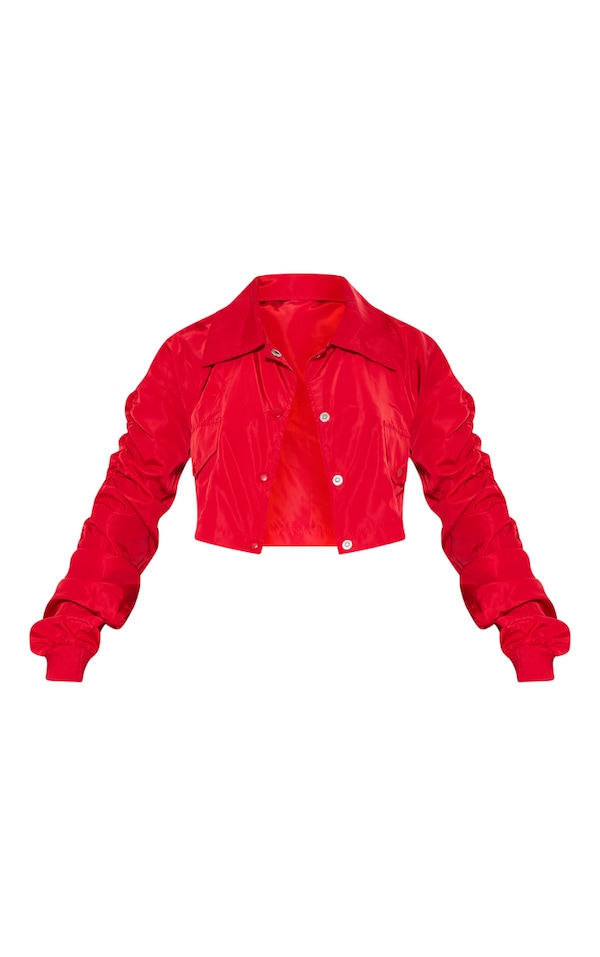Bright Red Cropped Ruched Sleeve Shell Jacket | Outerwear | PLT