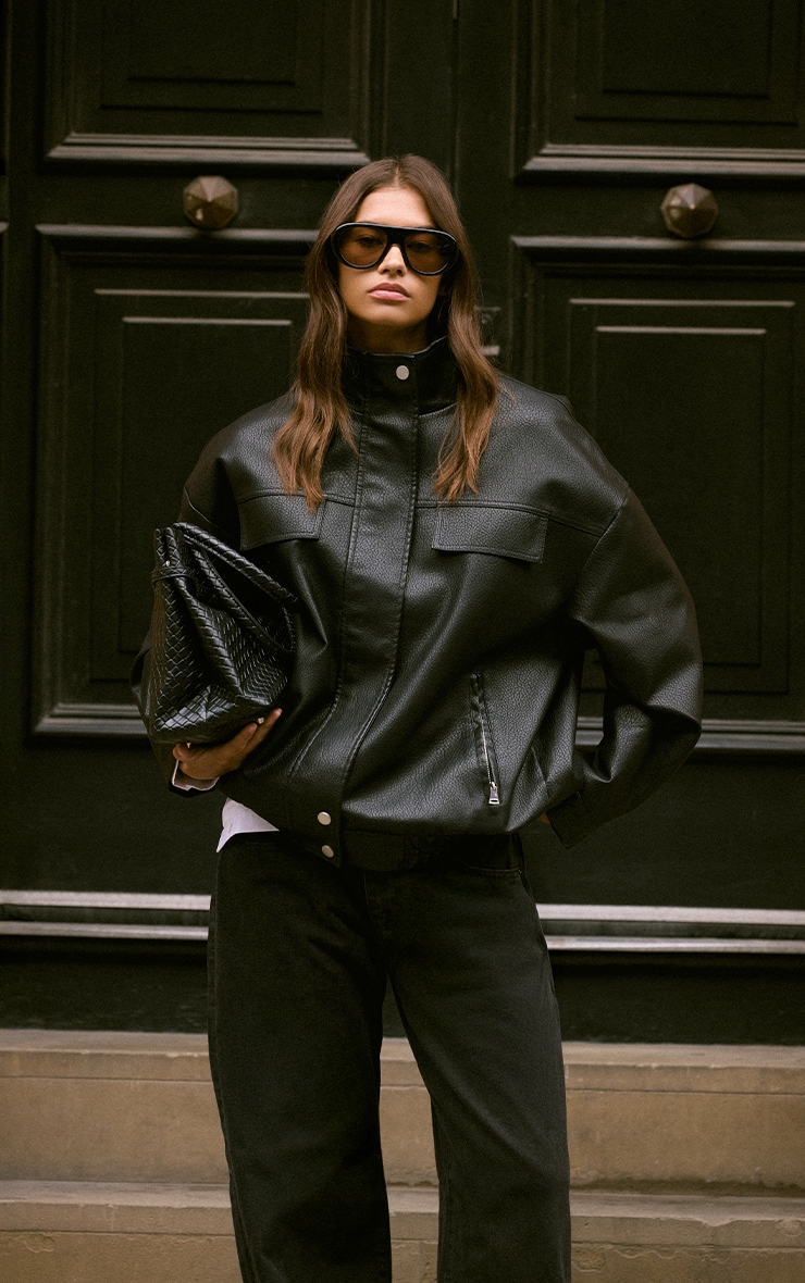 Black Funnel Neck Concealed Placket PU Jacket | Outerwear ...