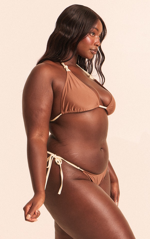 Plus Chocolate Contrast Binding Knot Triangle Bikini Top | Plus Size | PLT